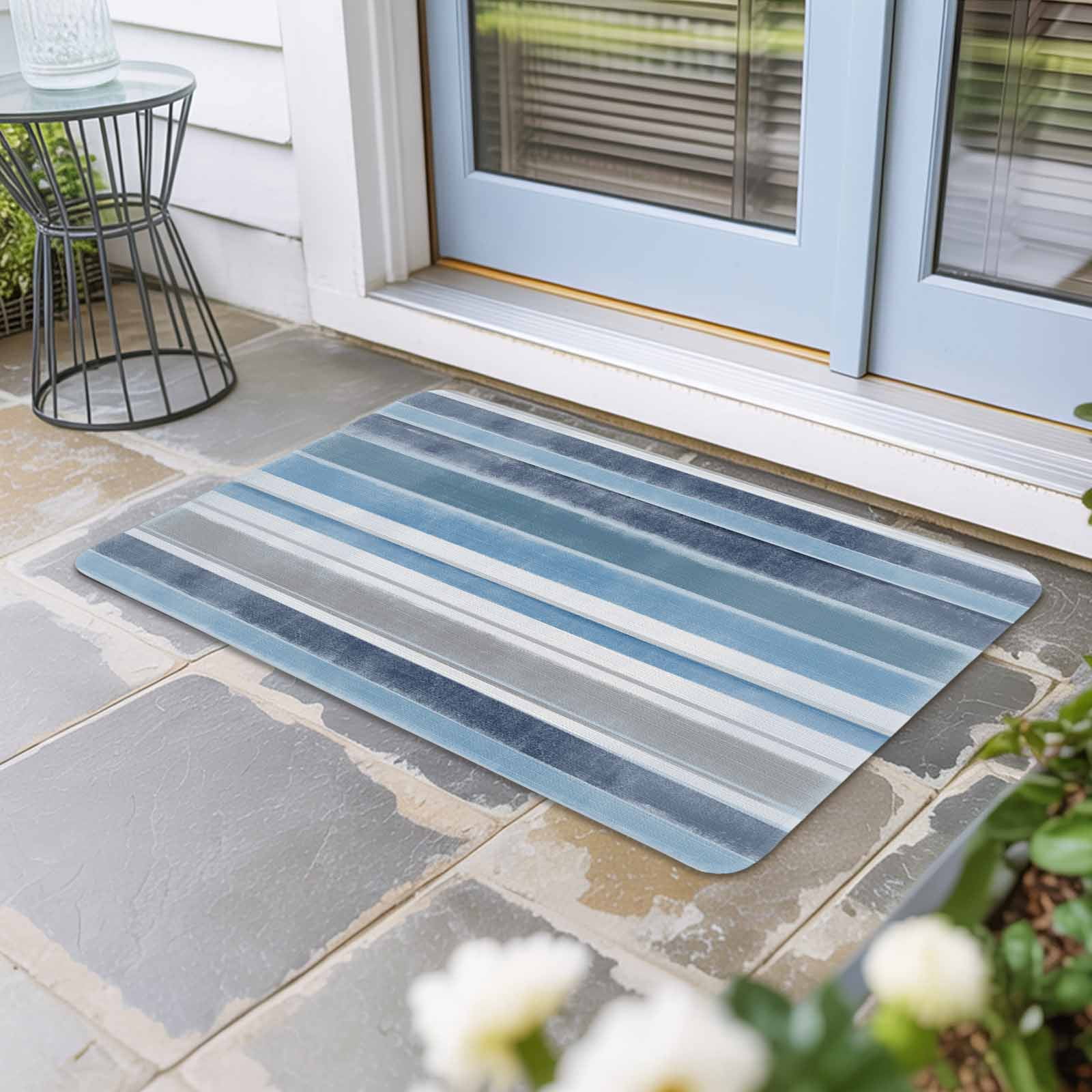 Blue Nordic Style Stripes Door Mat Indoor Outdoor, Blue Gray Texture ...