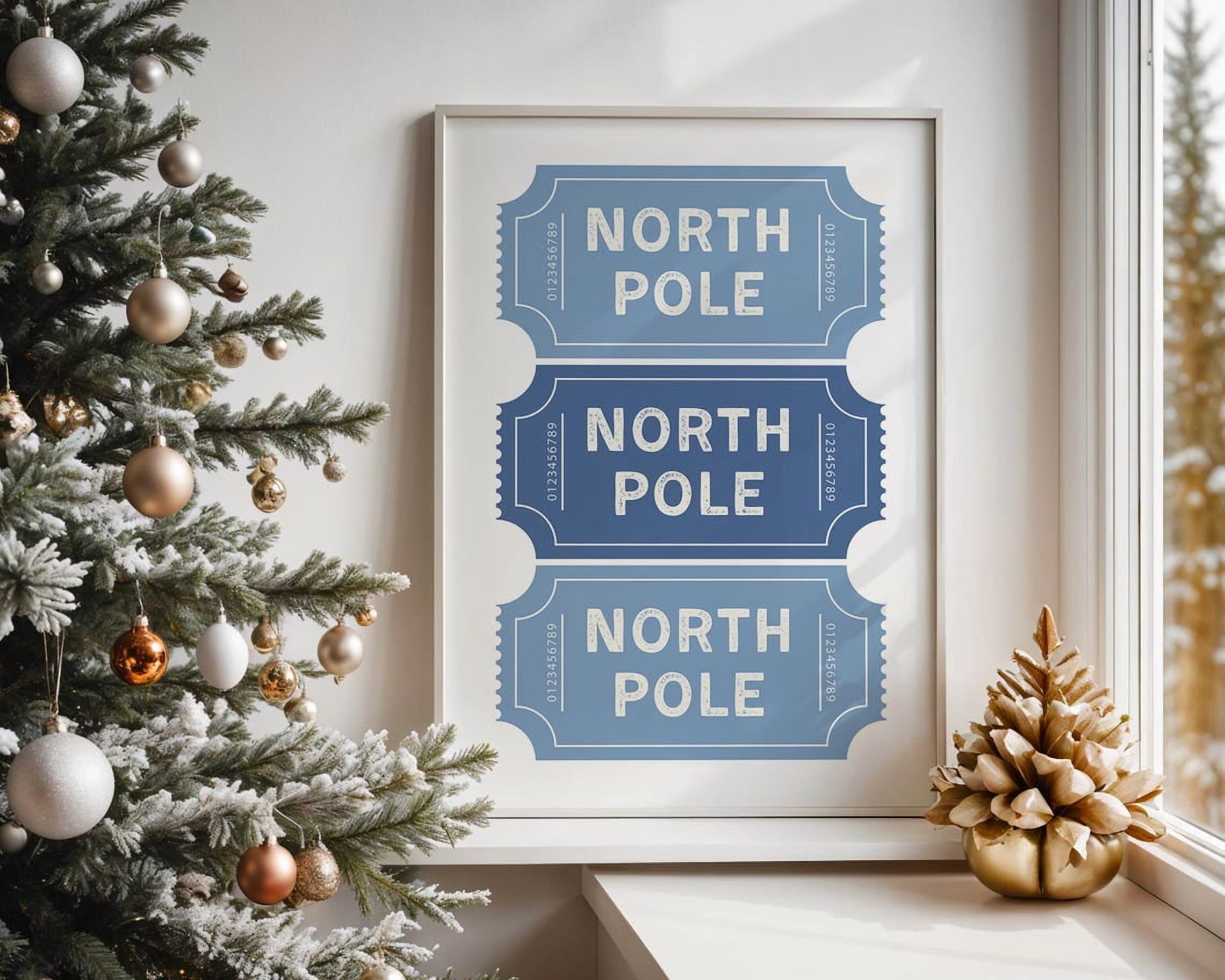 Blue North Pole Ticket Art Print Winter Holiday Stub Poster Festive ...