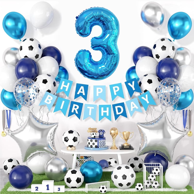 Blue Number Balloon Set, Soccer White Silver Balloons Birthday Party ...