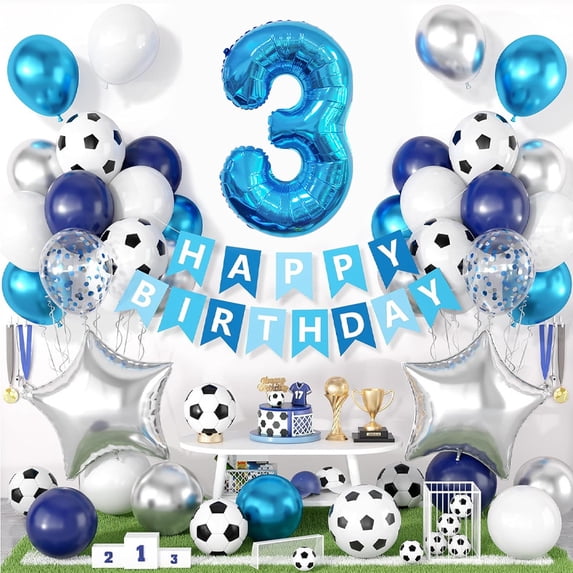 Blue Number Balloon Set, Soccer White Silver Balloons Birthday Party ...