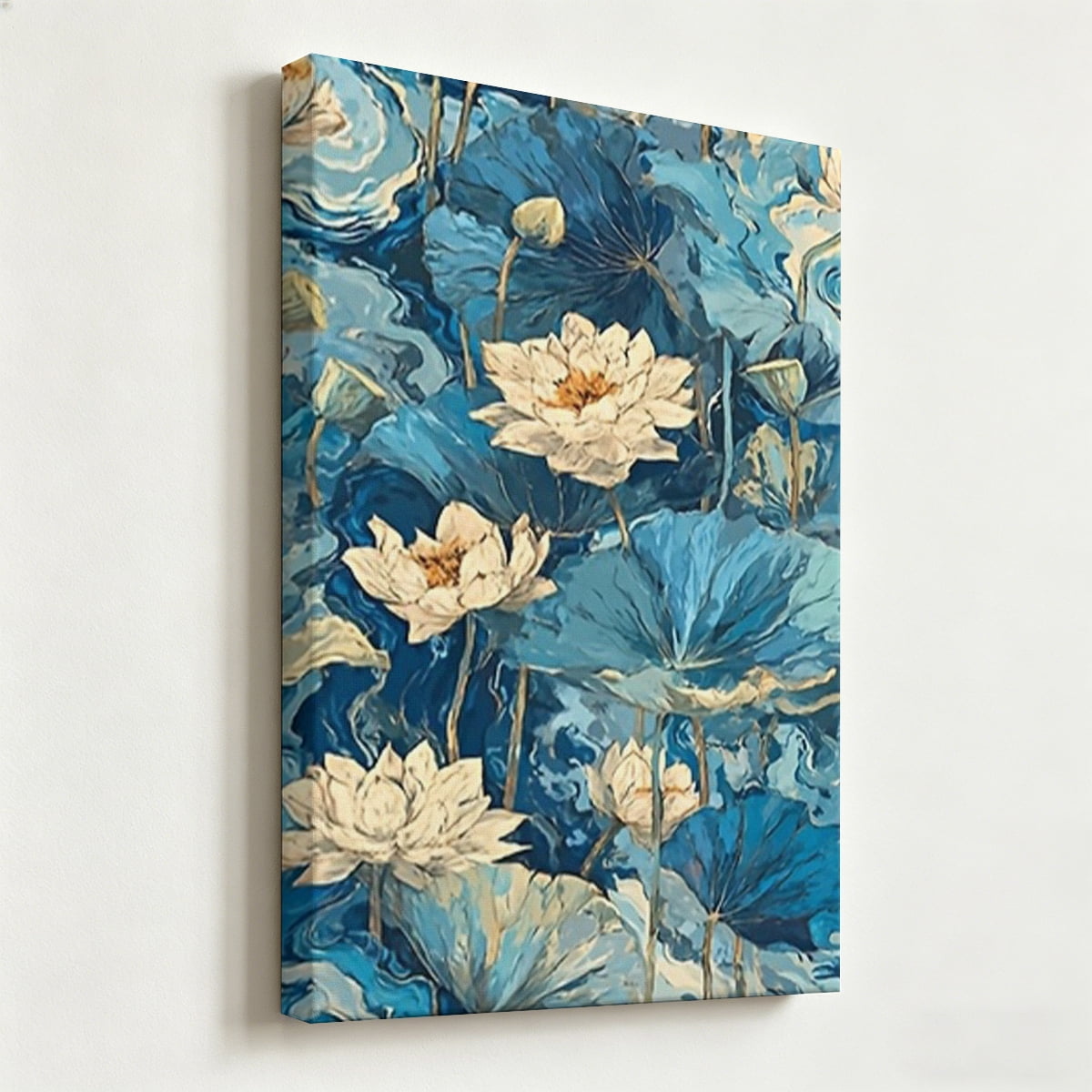 "Blue Oasis Lotus" Impressionist Floral Canvas Art, Serene White Water ...