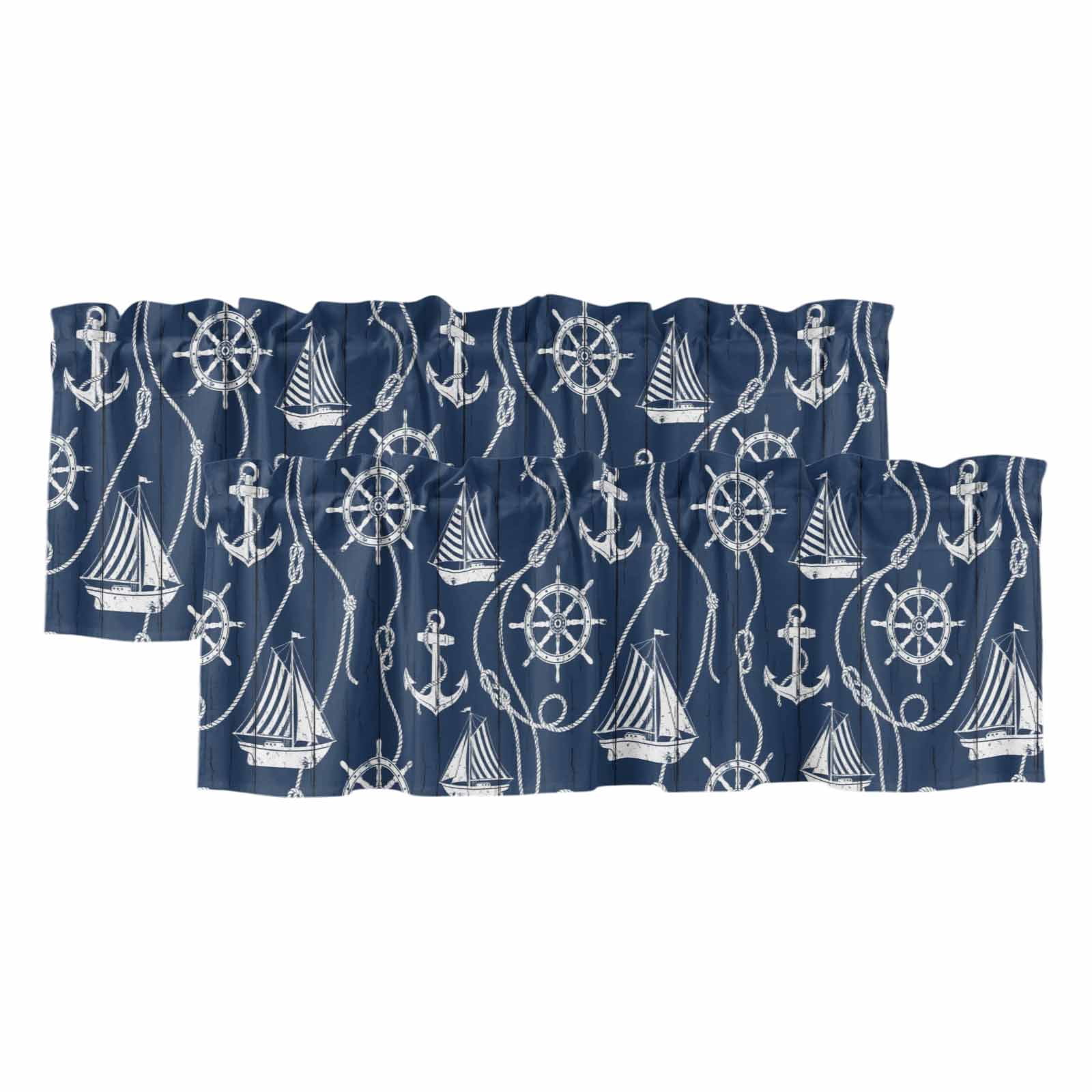 Blue Ocean 2 Panels Kitchen Valance, Rustic Nautical Coastal Sea Beach ...
