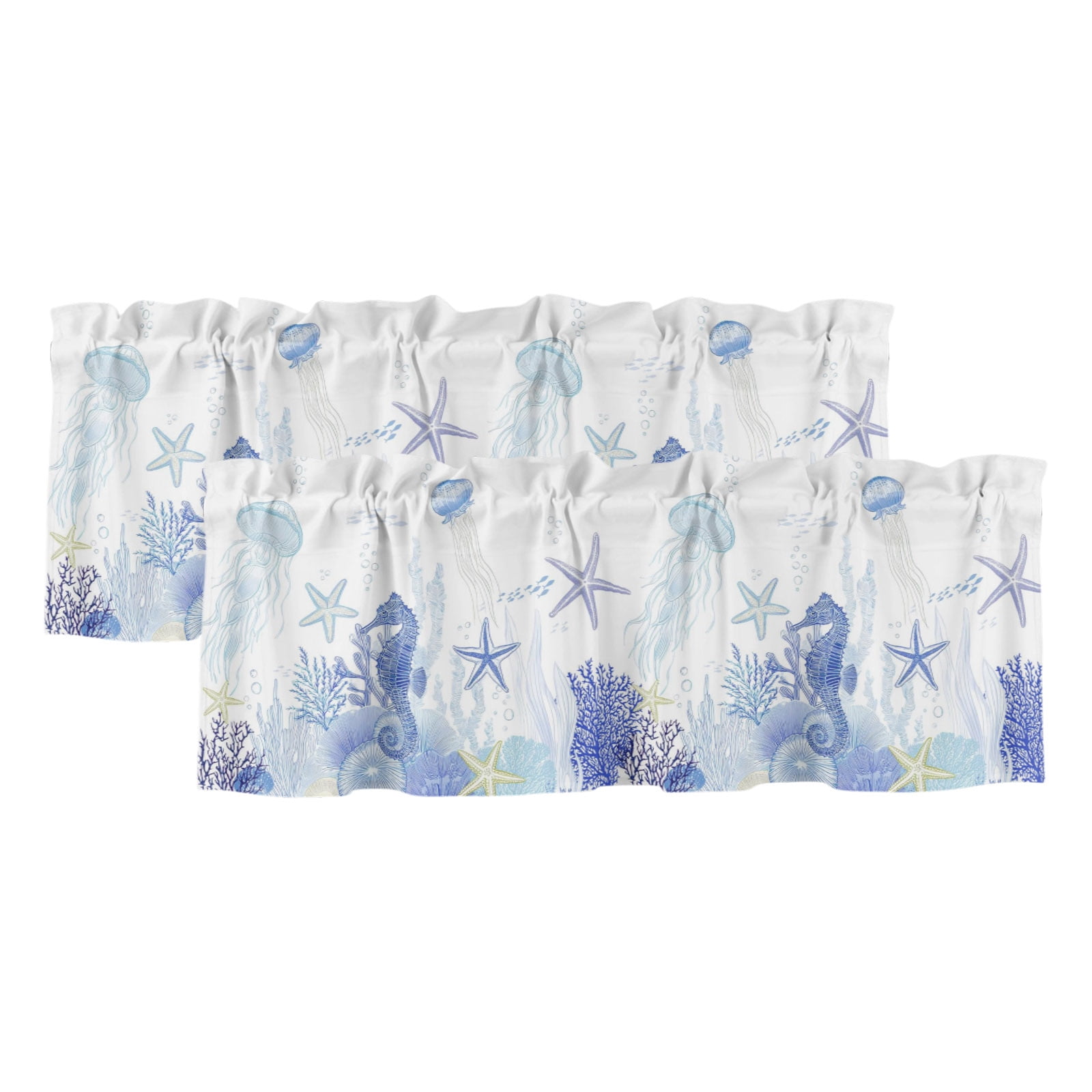 Blue Ocean 2 Panels Kitchen Valance, Seahorses Jellyfish Starfish ...