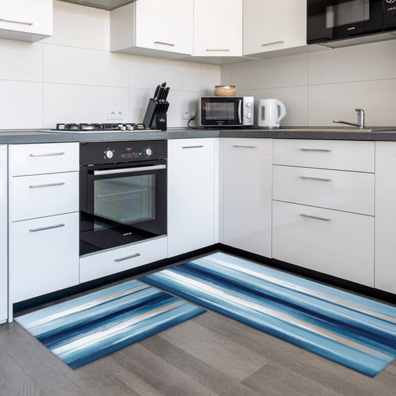 Blue Ocean 2 Pieces Non-Slip Kitchen Mat Set, Retro Watercolor Ripple ...