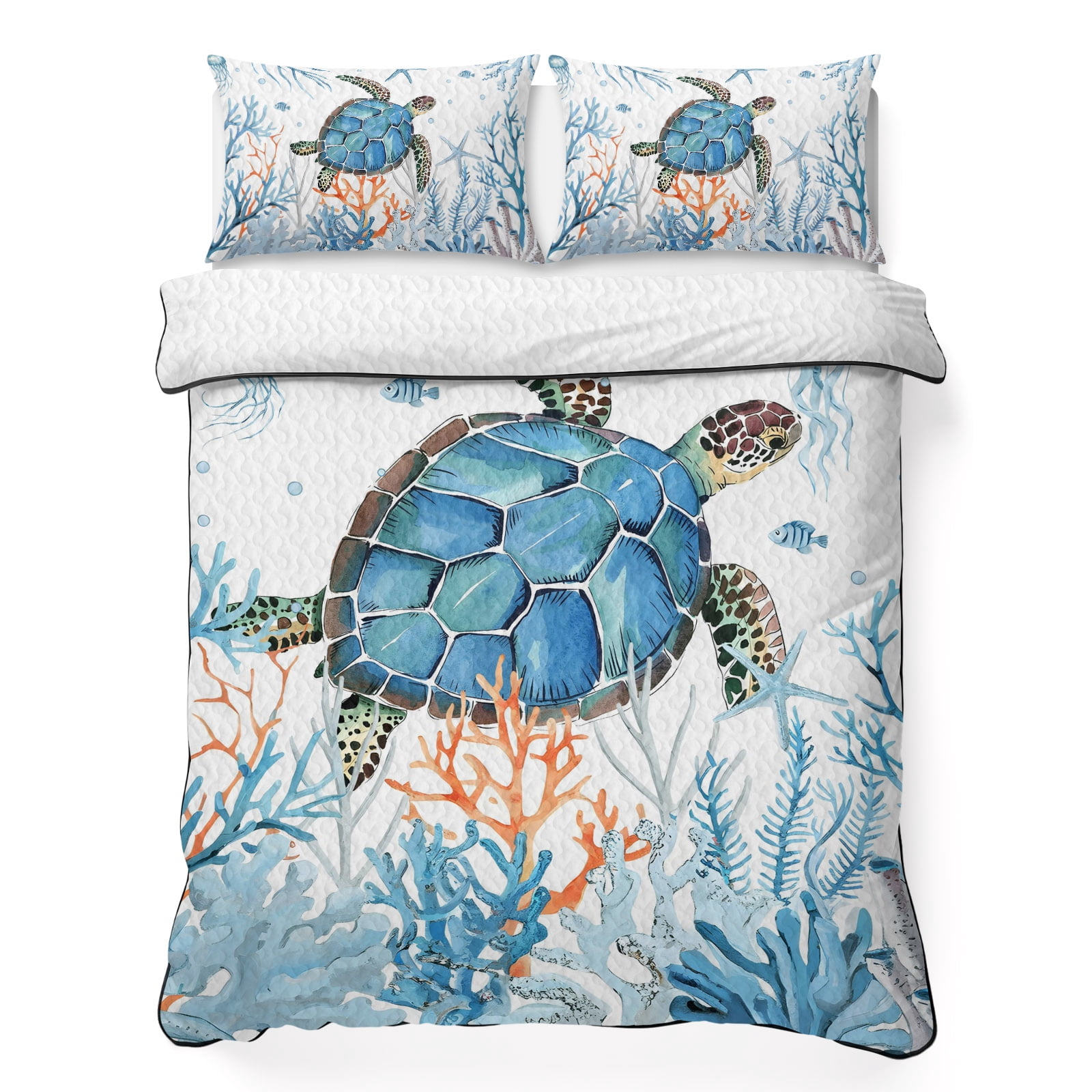 Blue Ocean 3 Piece Quilt Bedding Set with 2 Pillow Shams, Sea Turtle ...