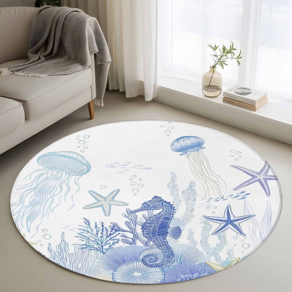 Blue Ocean 3FT Round Area Rugs Seahorses Jellyfish Starfish Watercolor ...