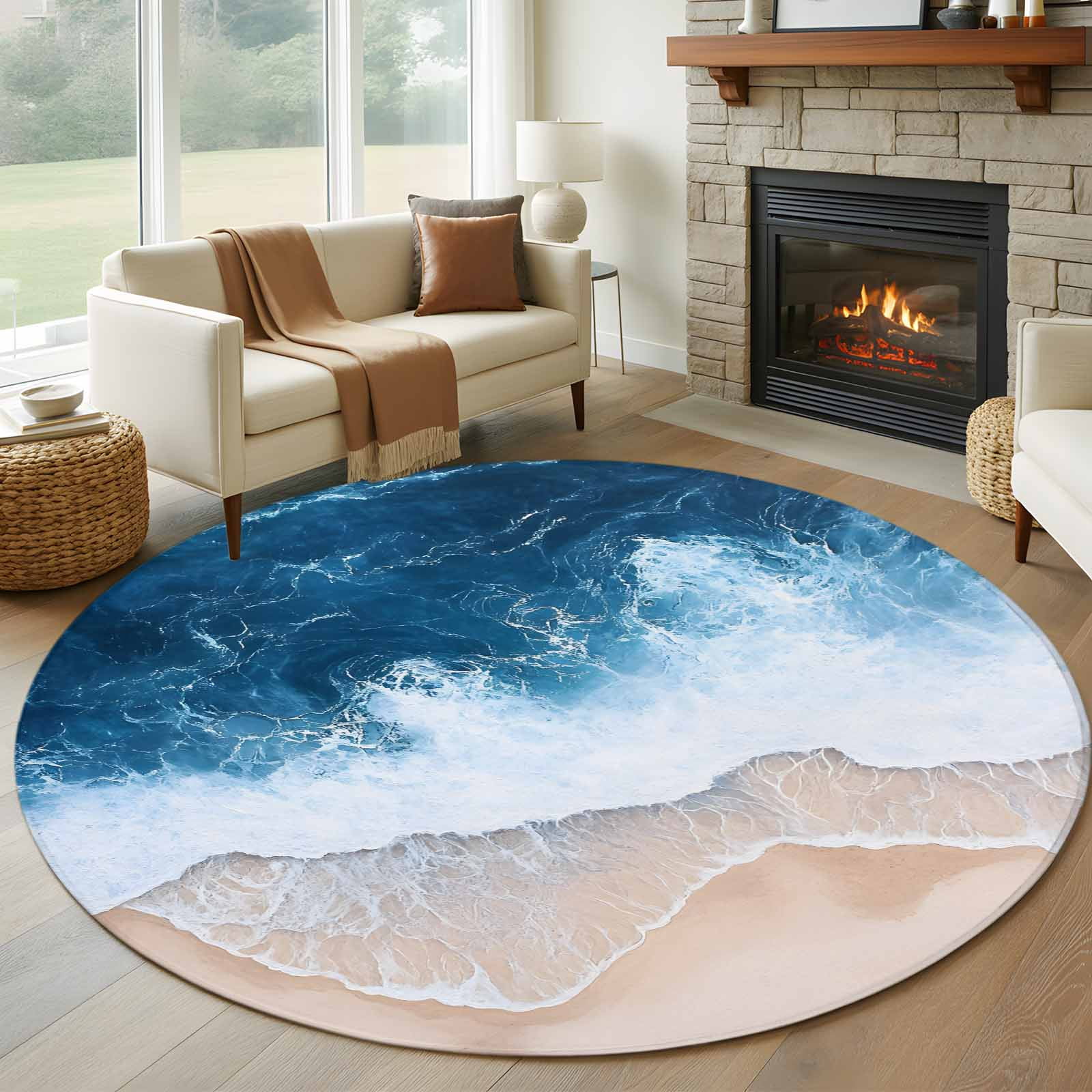 Blue Ocean 8FT Round Area Rugs for Living Room Wave Beach Abstract ...
