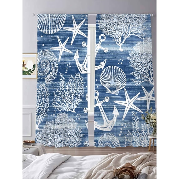 Blue Ocean Anchor Coral Shell Sheer Curtains 2 Panels Set Gradient ...