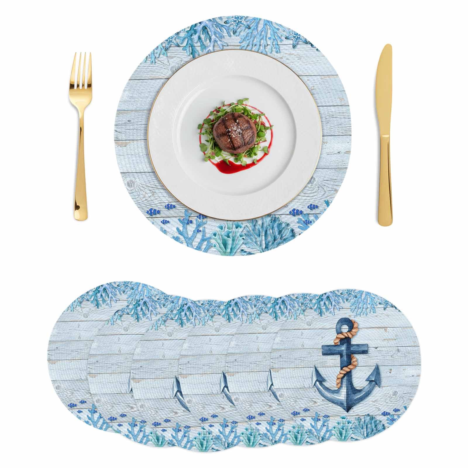 Blue Ocean Anchor Round 13 Inch Placemats Set of 6, Vintage Coastal Sea ...