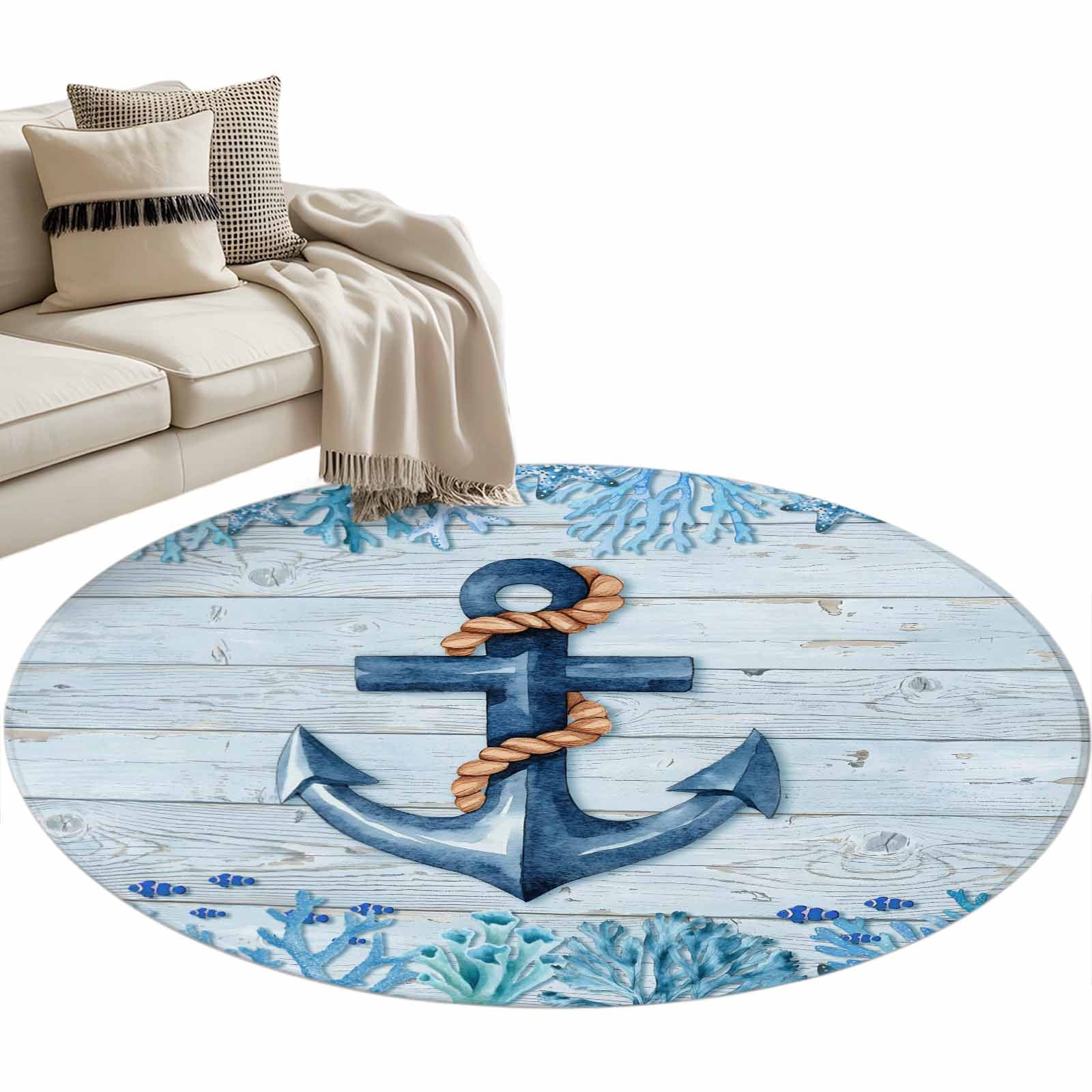 Blue Ocean Anchor Round Rug 4ft Washable Circle Entryway Rugs Non Slip ...