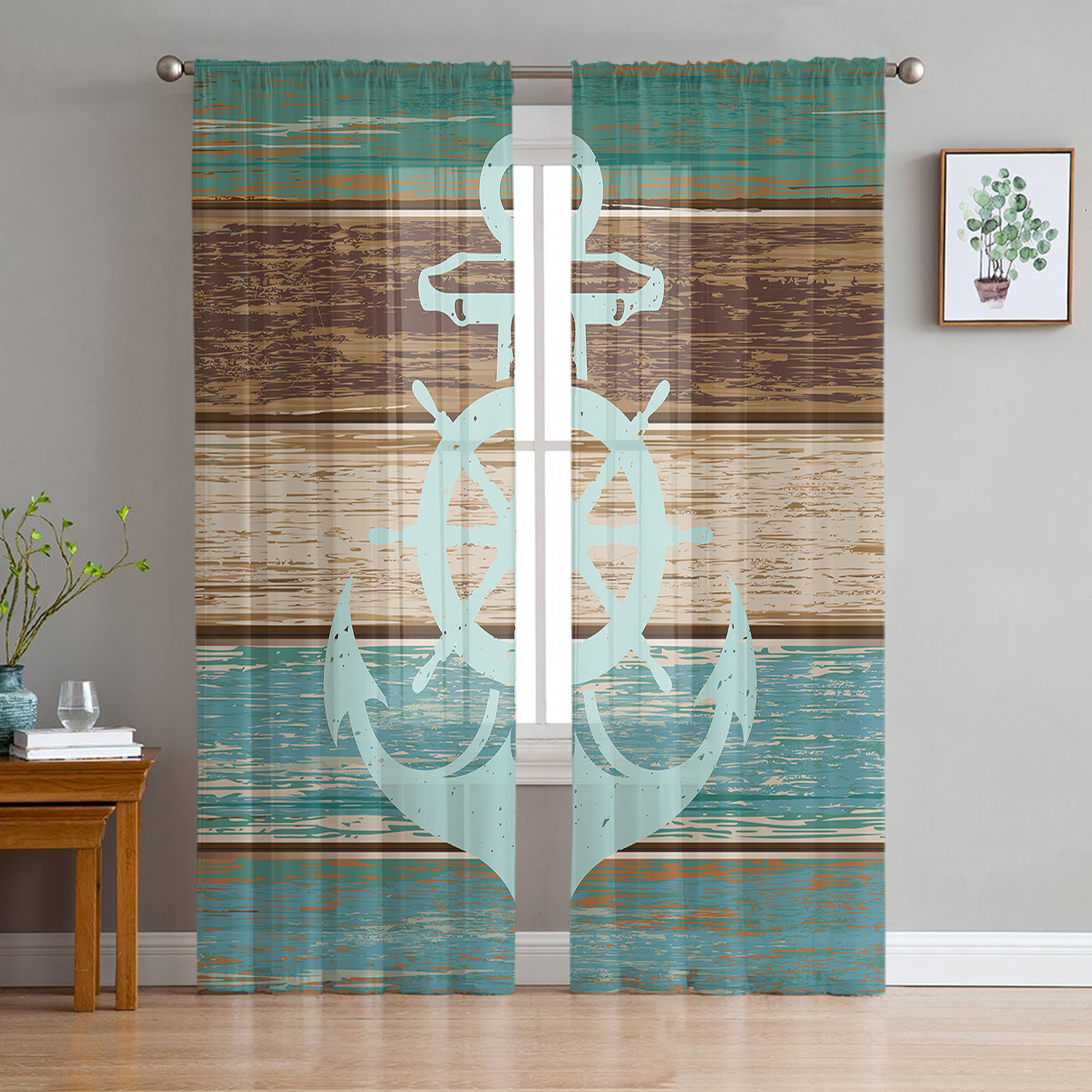 Blue Ocean Anchor l Tulle Sheer Window Curtains for Living Room the ...