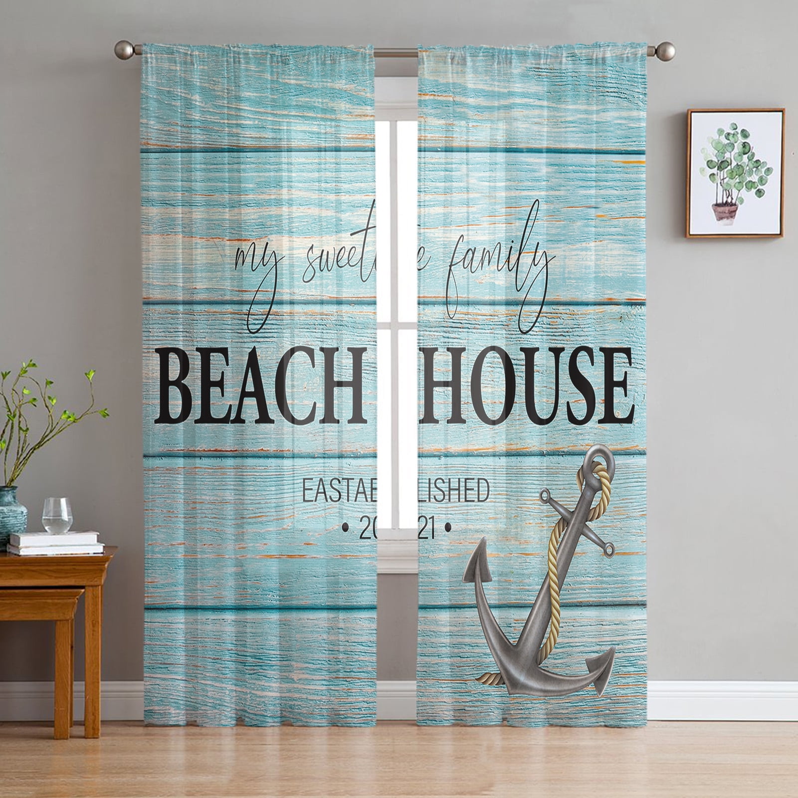Blue Ocean Anchor l Tulle Sheer Window Curtains for Living Room the ...