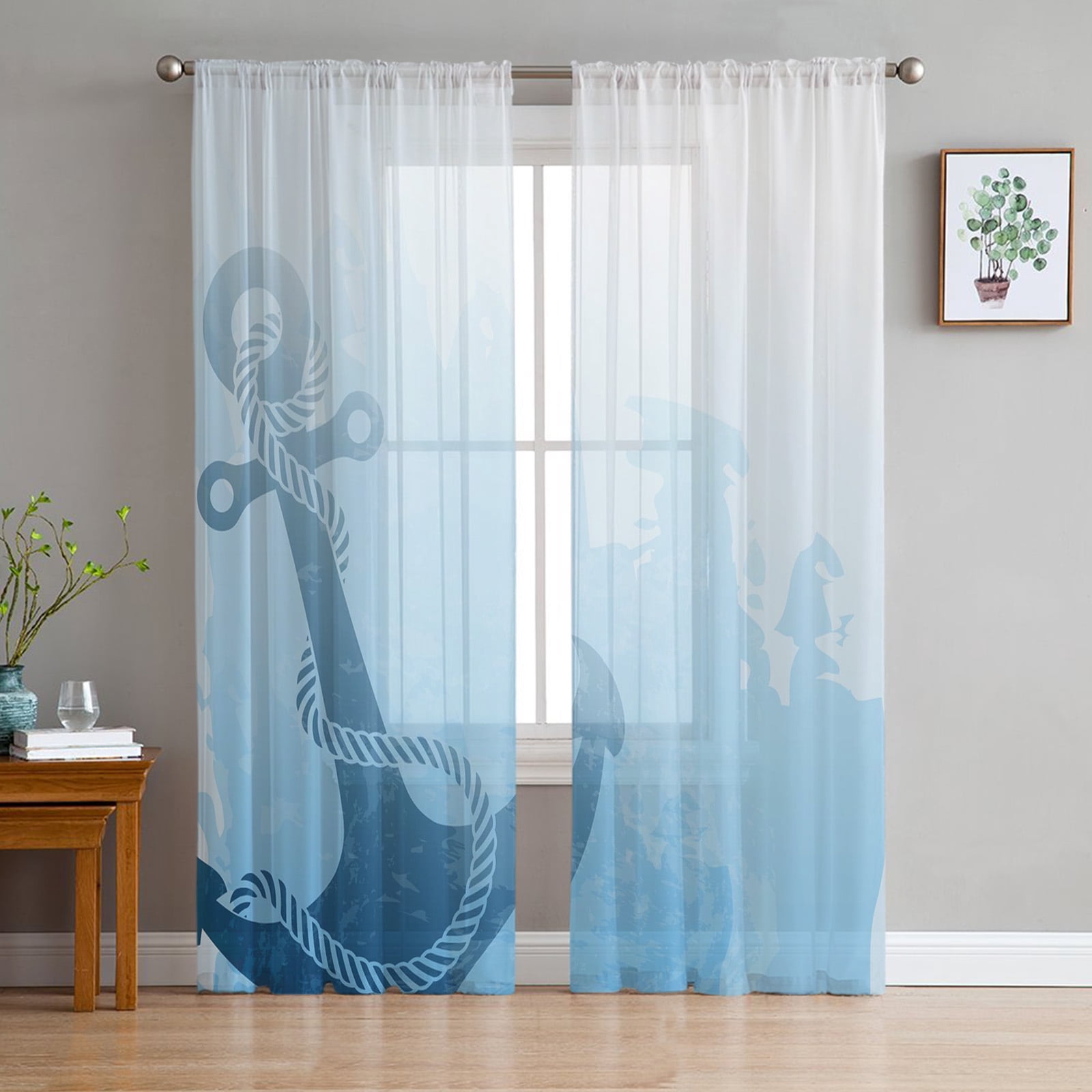 Blue Ocean Anchor l Tulle Sheer Window Curtains for Living Room the ...