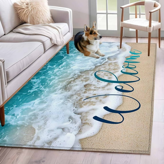 Blue Ocean Area Rug 3x5 Washable Rug Non Slip Yellow Beach Coastal ...