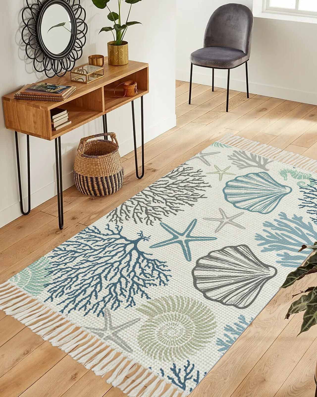 Blue Ocean Area Rug 3x5ft Woven Runner Rug,Coastal Coral Starfish Shell ...