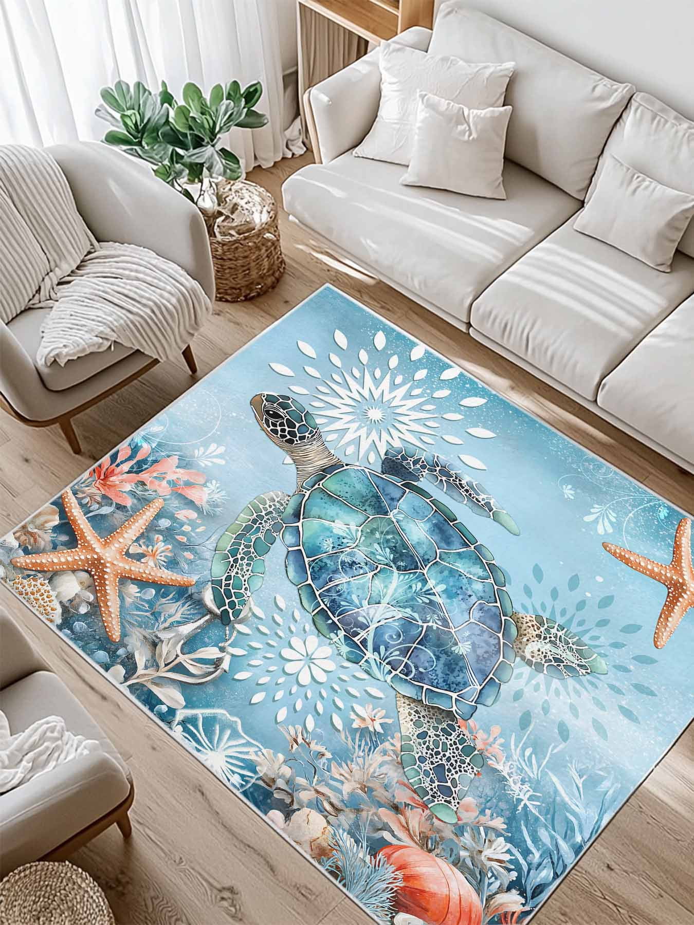 Blue Ocean Area Rug for Bedroom 5x7 Ft Sea Turtle Coral Starfish ...