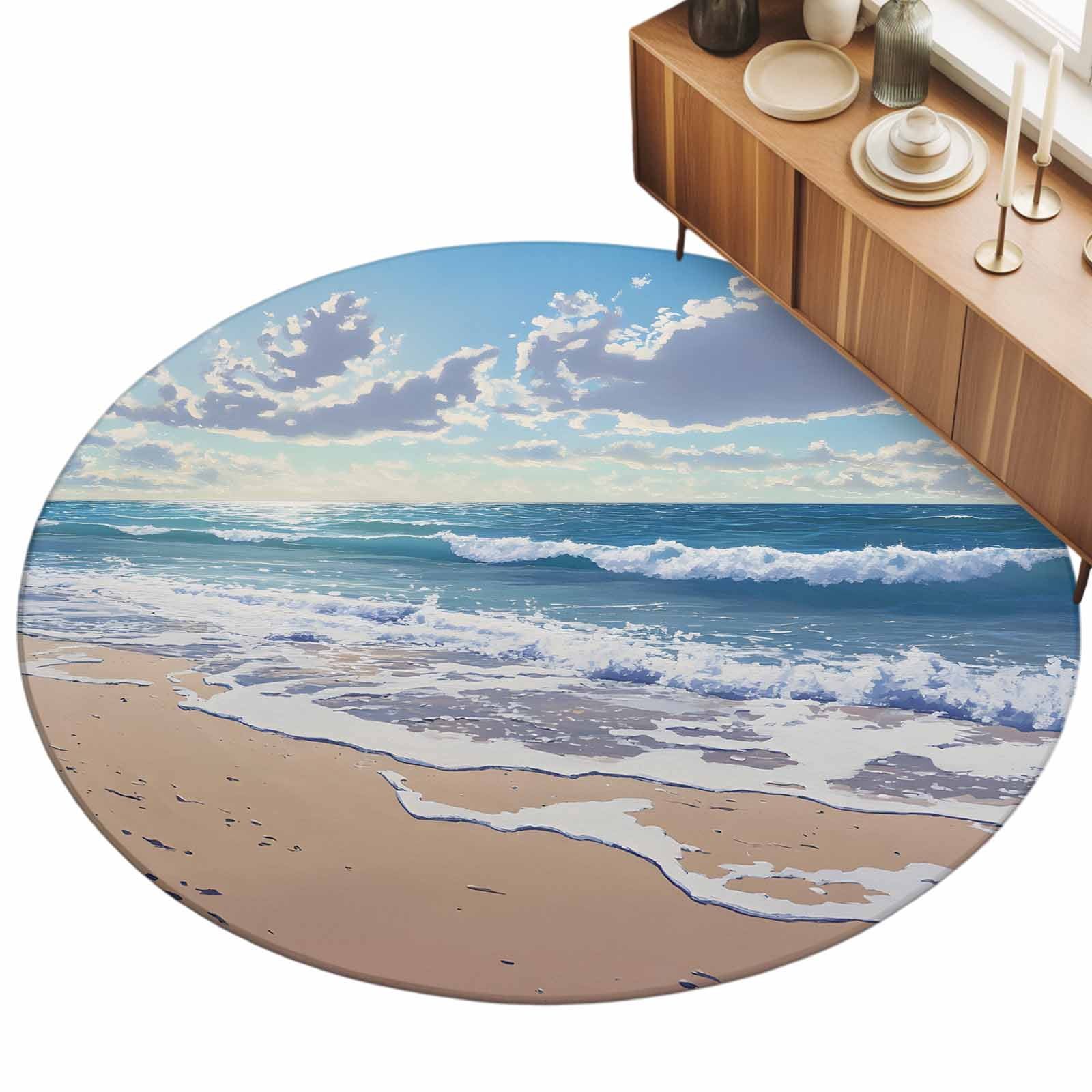 Blue Ocean Area Rugs 3.3' (Round) Waves Beach Cloudy Sky Nature Seaside ...