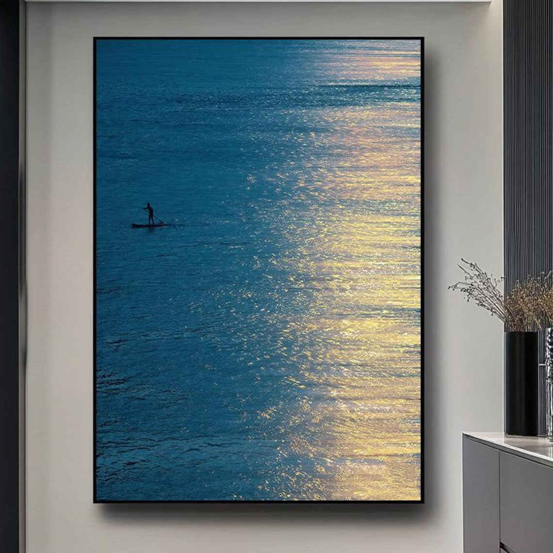 Blue Ocean Art, A Man Rowing In The Sea Painting, Blue Abstract Art, 3D Texture Painting, Blue ...