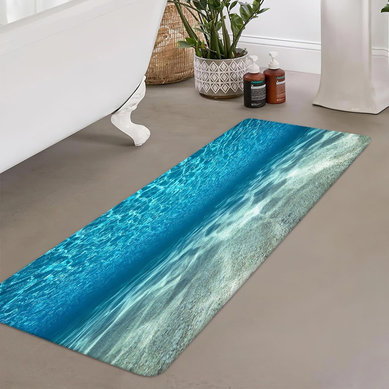 Blue Ocean Bath Mat, Nature Underwater Sea World Sand Beach Bathroom ...