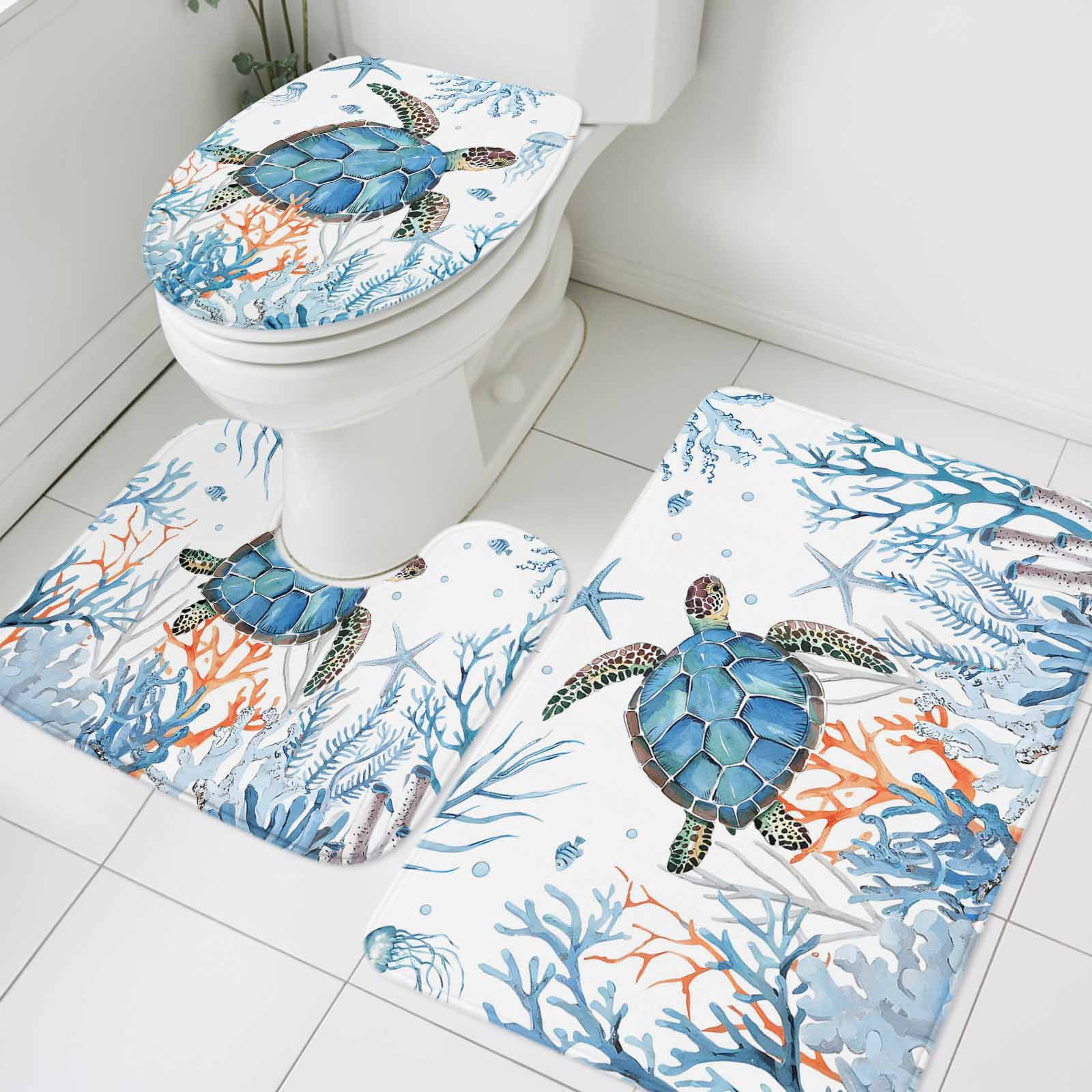 Blue Ocean Bathroom Rugs Set Sea Turtle Fish Jellyfish Non Slip ...