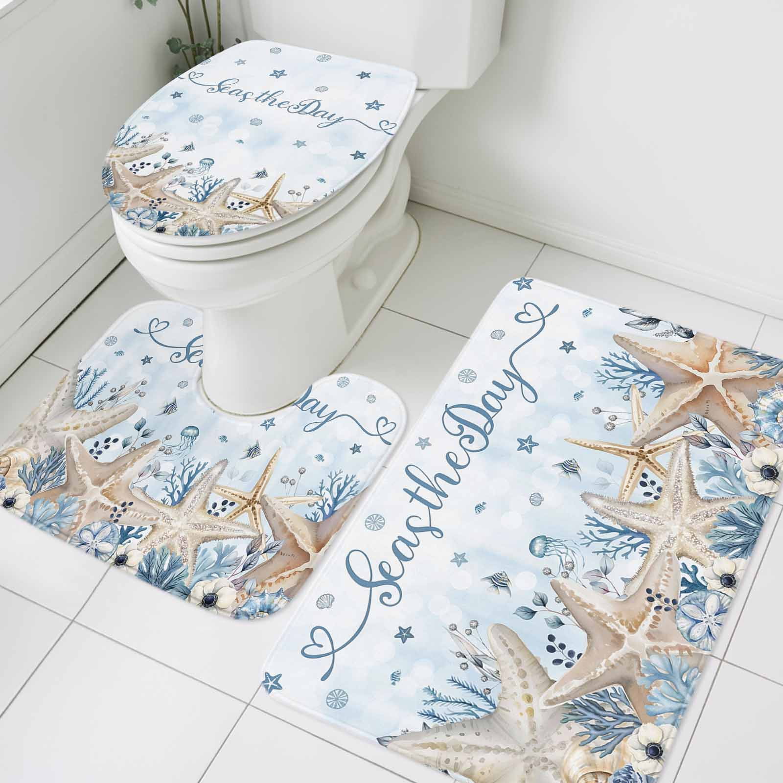 Blue Ocean Bathroom Rugs Set Seas The Day Non Slip Absorbent Soft Bath ...