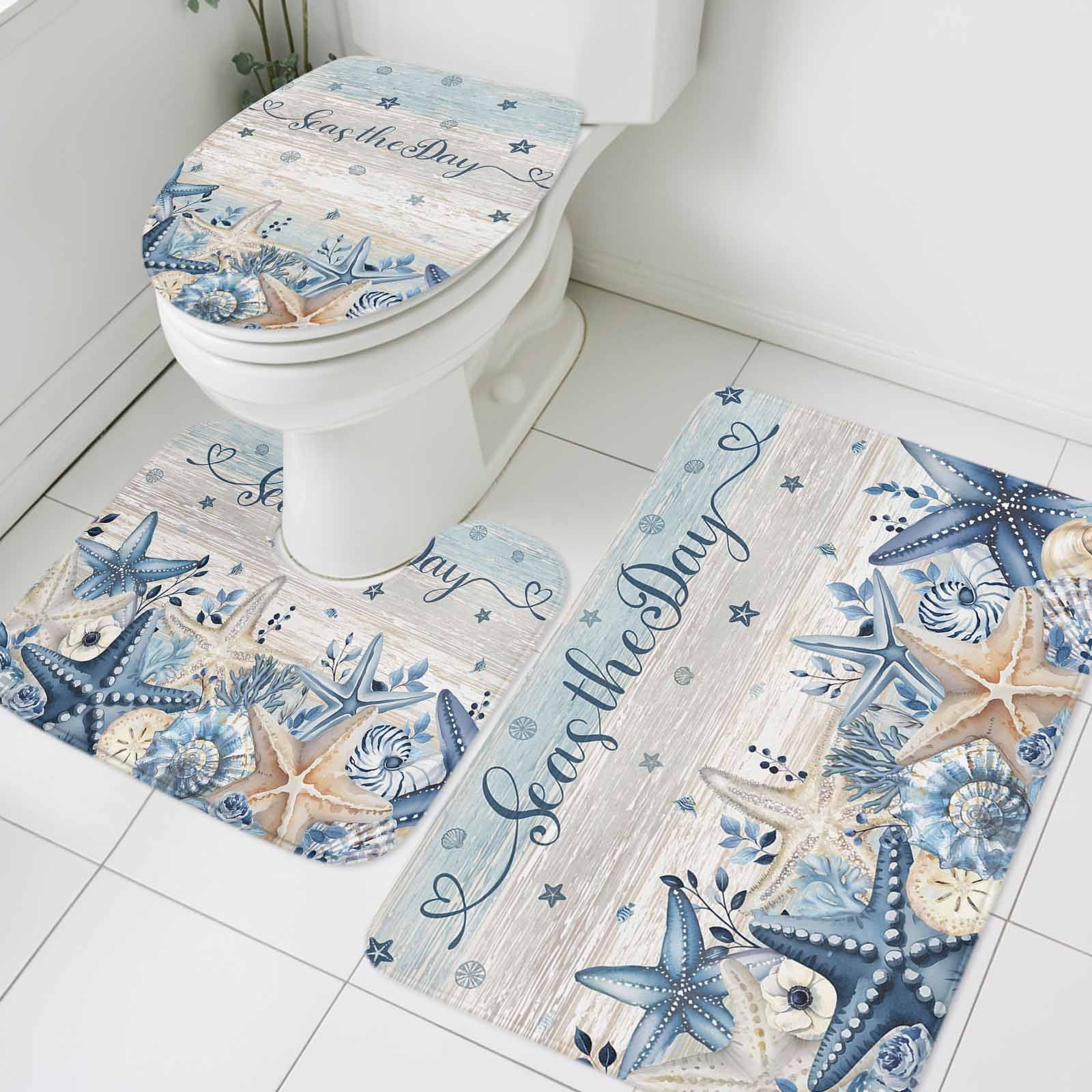 Blue Ocean Bathroom Rugs Set Seas The Day Non Slip Absorbent Soft Bath ...
