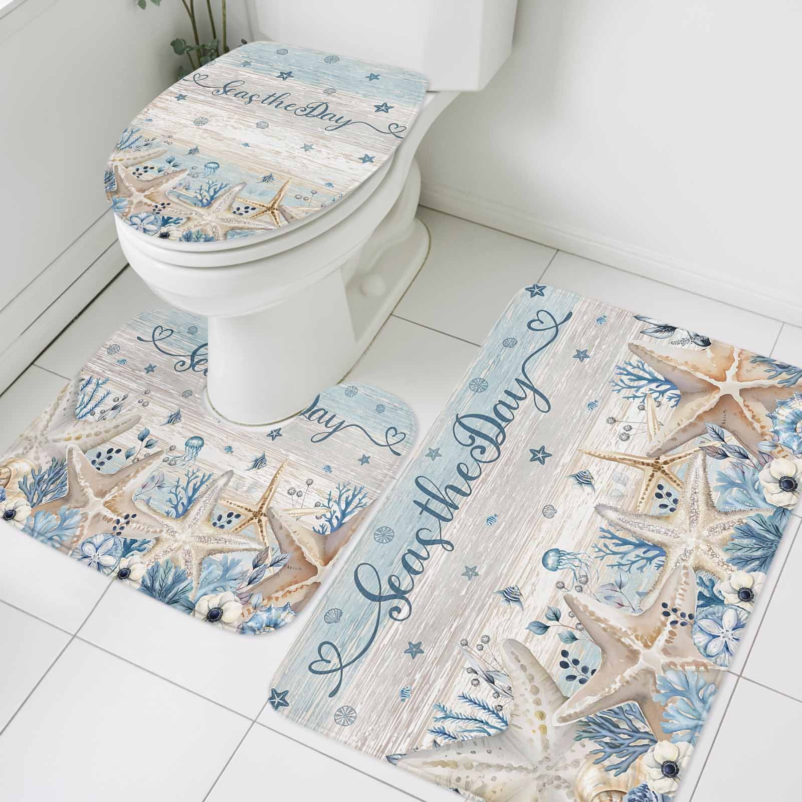 Blue Ocean Bathroom Rugs Set Seas The Day Non Slip Absorbent Soft Bath ...