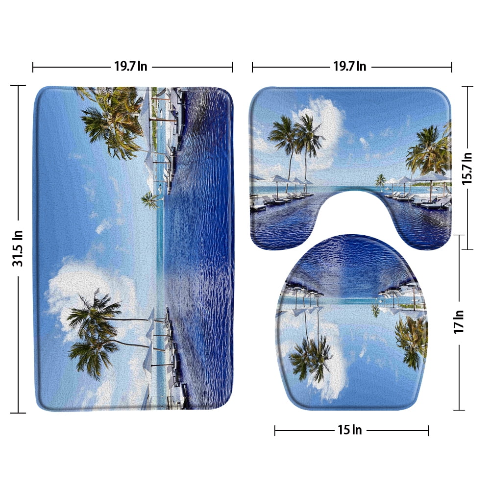Blue Ocean Beach 3 Pcs Bath Mats Bathroom Rug Set Non Slip Palm Tree ...