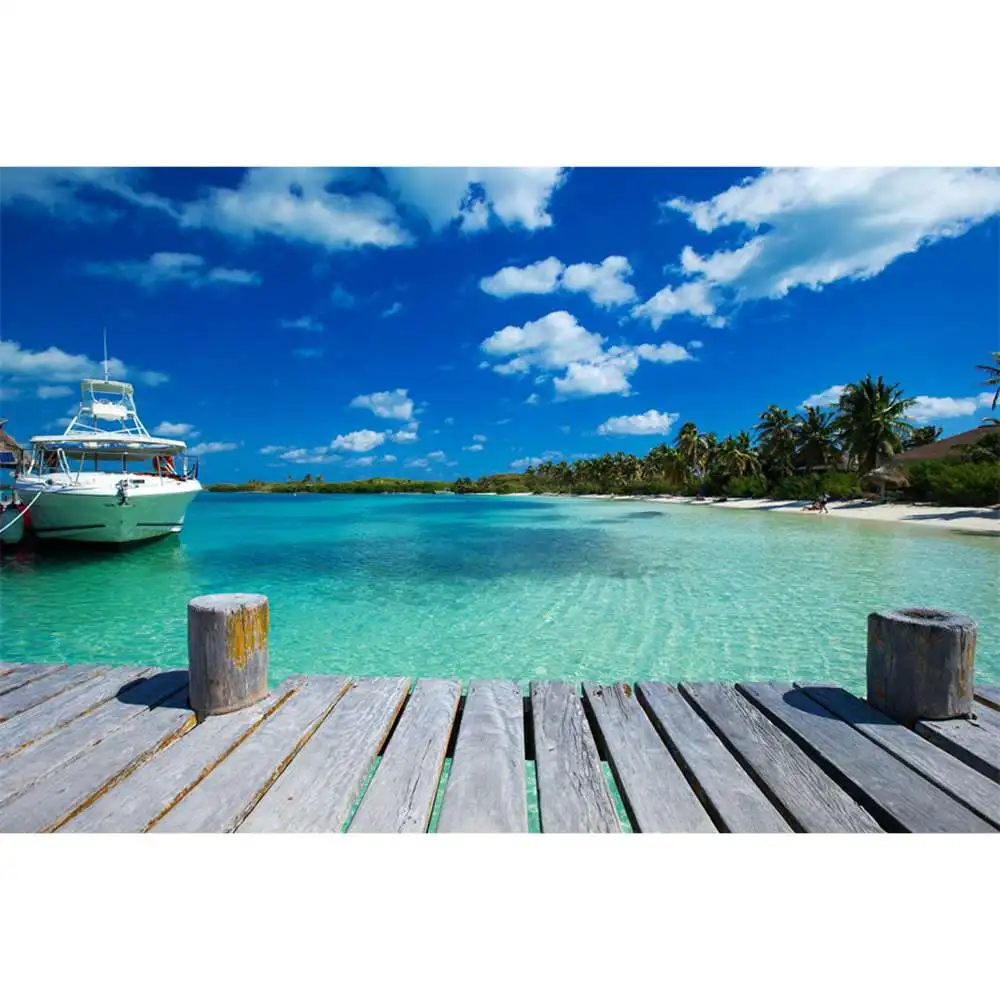 Blue Ocean Beach Backdrop Tropical Summer Background Ship Boat Wharf ...