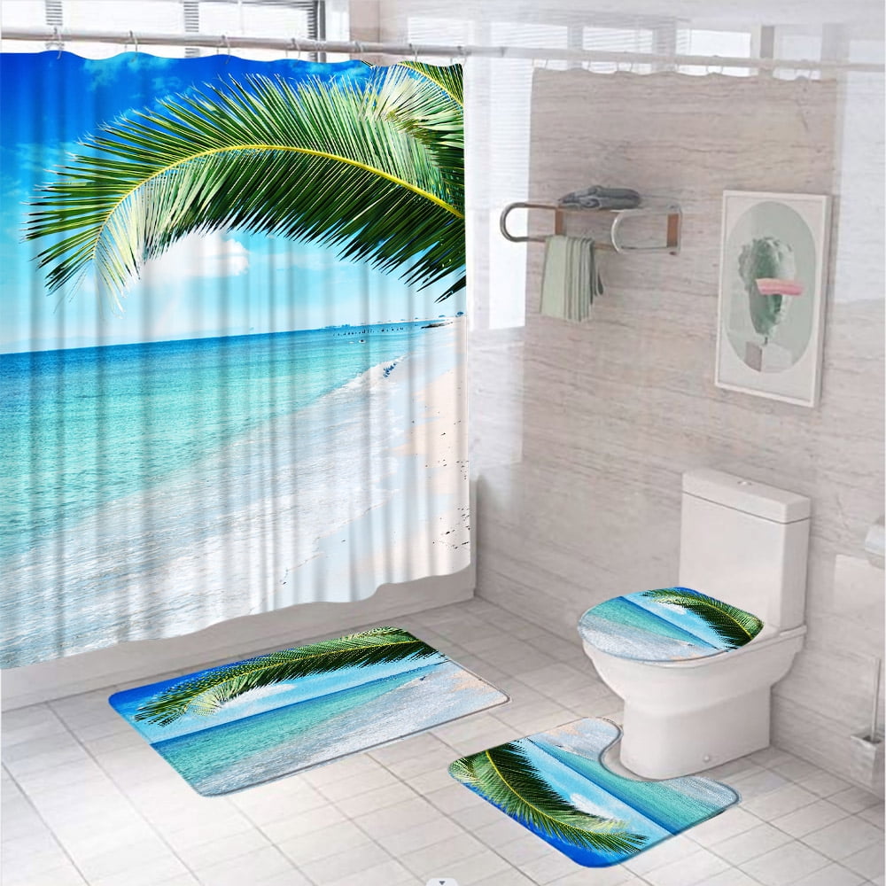 Blue Ocean Beach Bathroom Curtain Sets Tropical Natural Scenery Conch ...