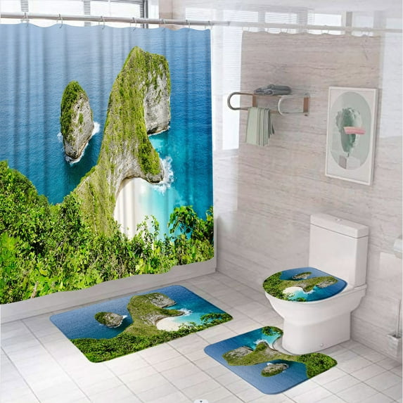 Blue Ocean Beach Bathroom Curtain Sets Tropical Natural Scenery Conch ...