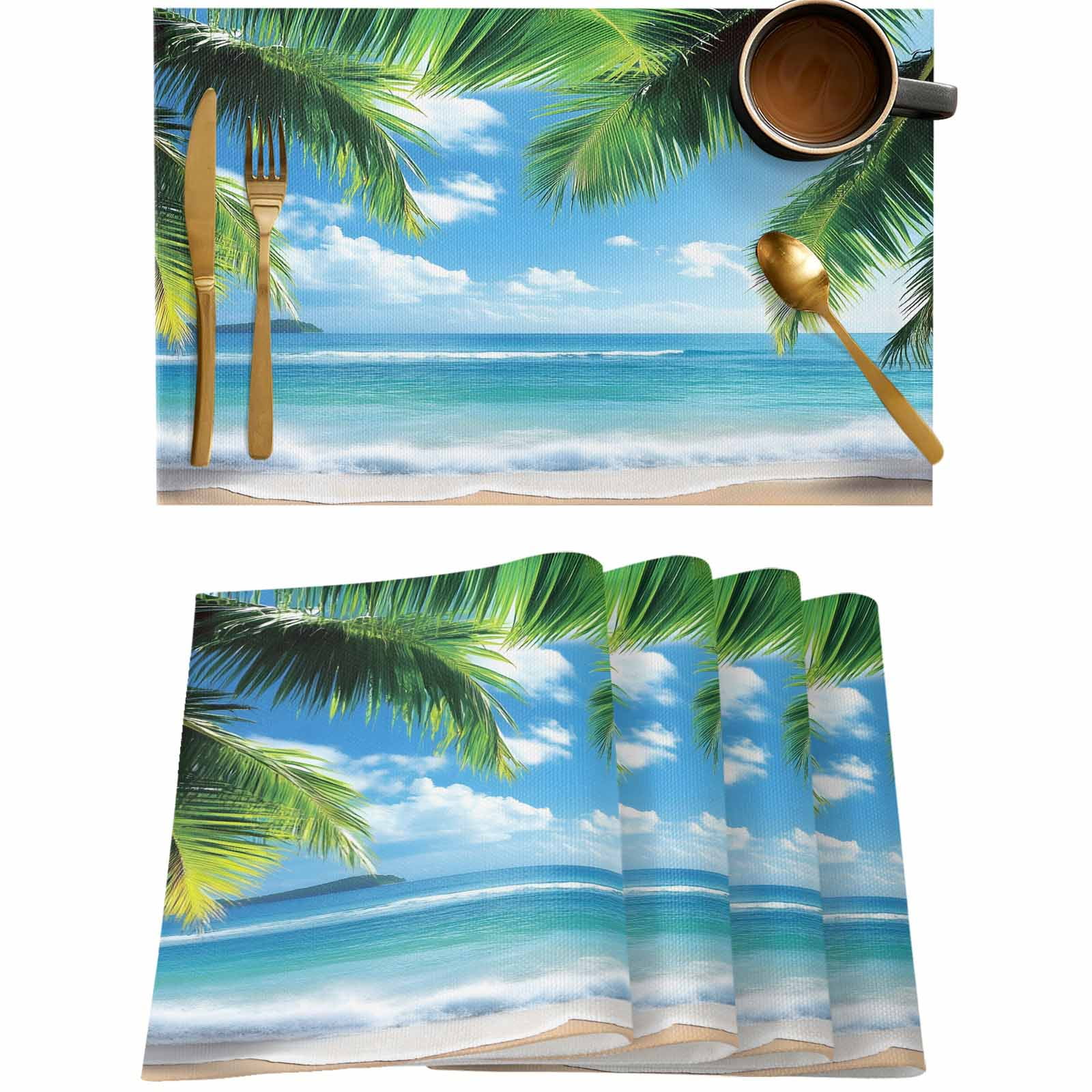 Blue Ocean Beach Sea Water Placemats Set of 4,Wipeable Washable Table ...