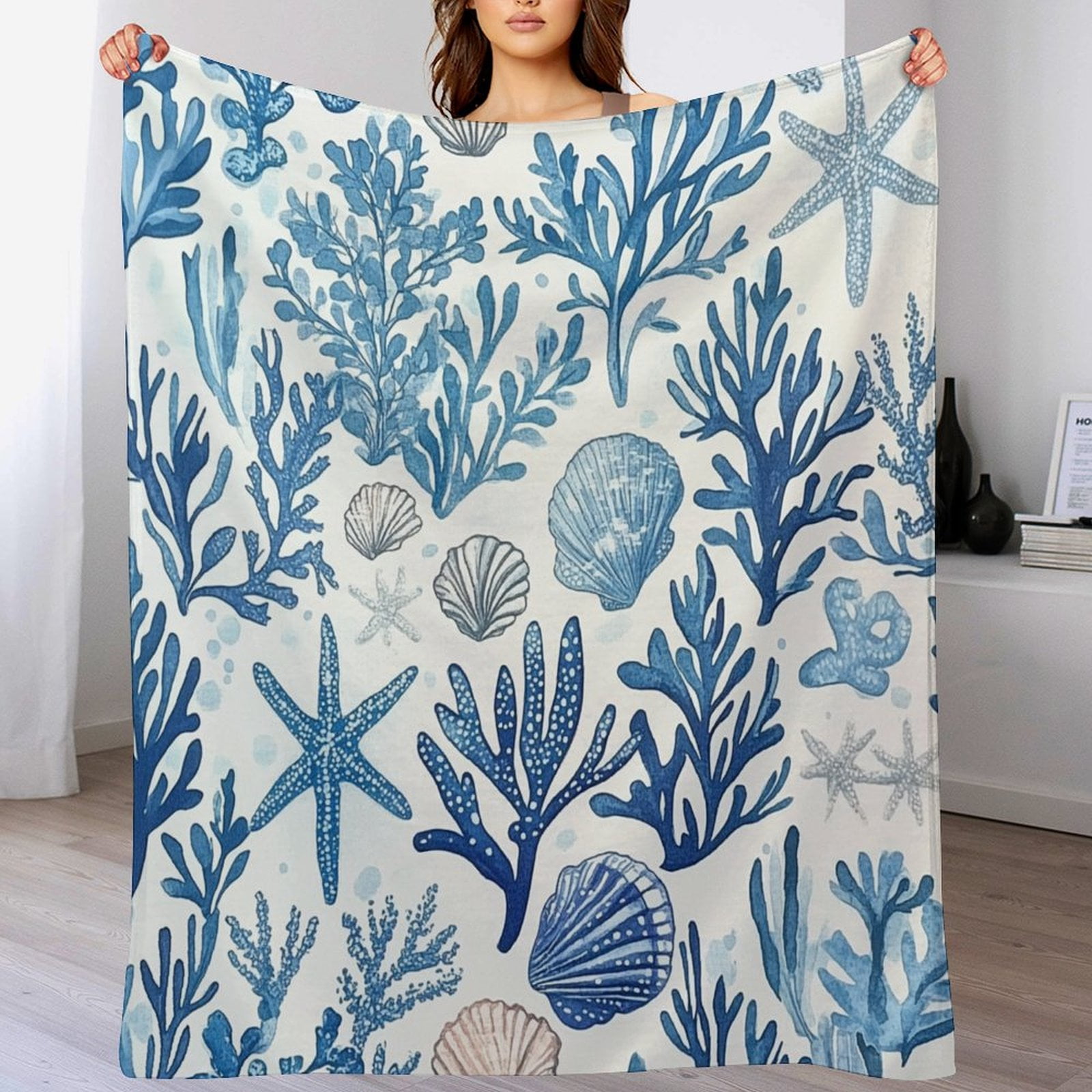 Blue Ocean Beach Seashell Starfish Themed Flannel Bed Blanket 60"x80 ...