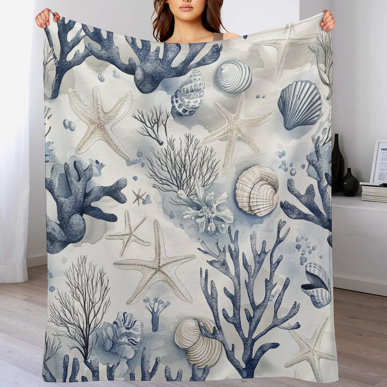 Blue Ocean Beach Seashell Starfish Themed Flannel Winter Blanket 50"x60 ...
