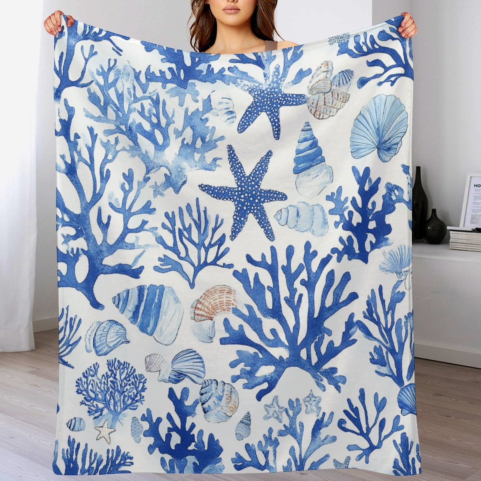 Blue Ocean Beach Seashell Starfish Themed Throw Blanket for Couch Bed ...