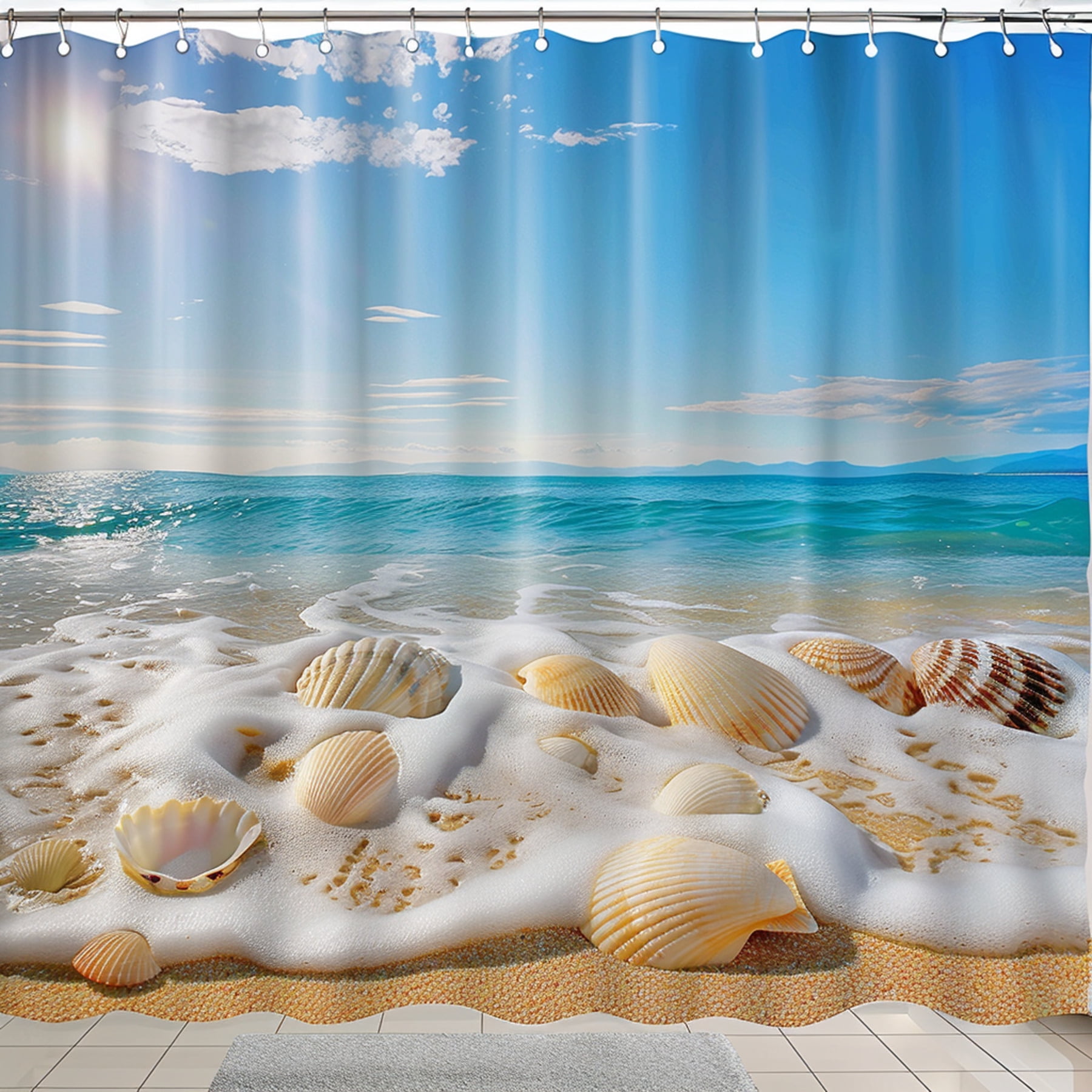 Blue Ocean Beach Seashells Shower Curtain: Ultrarealistic design with ...