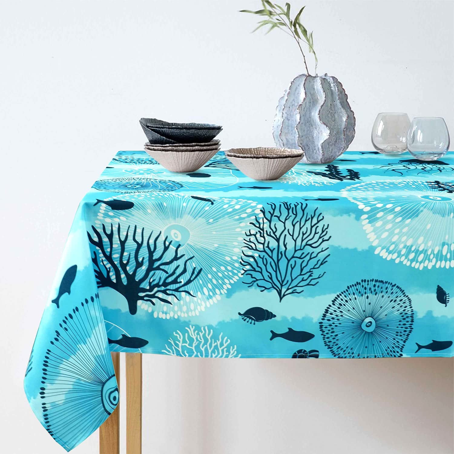 Blue Ocean Beach Tablecloth, Coastal Nautical Table Cover Rectangle 60 ...