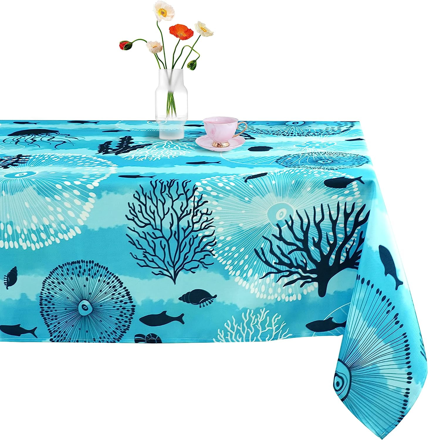 Blue Ocean Beach Tablecloth, Coastal Nautical Table Cover Rectangle 60 ...