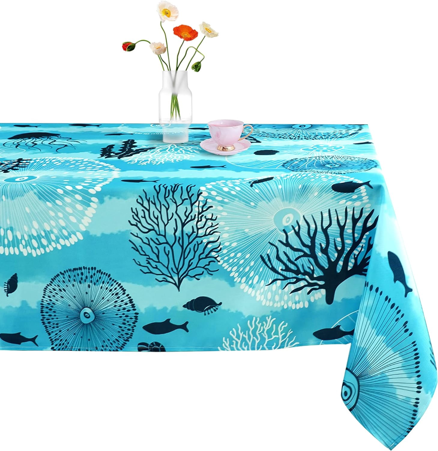 Blue Ocean Beach Tablecloth, Coastal Nautical Table Cover Rectangle 60 ...