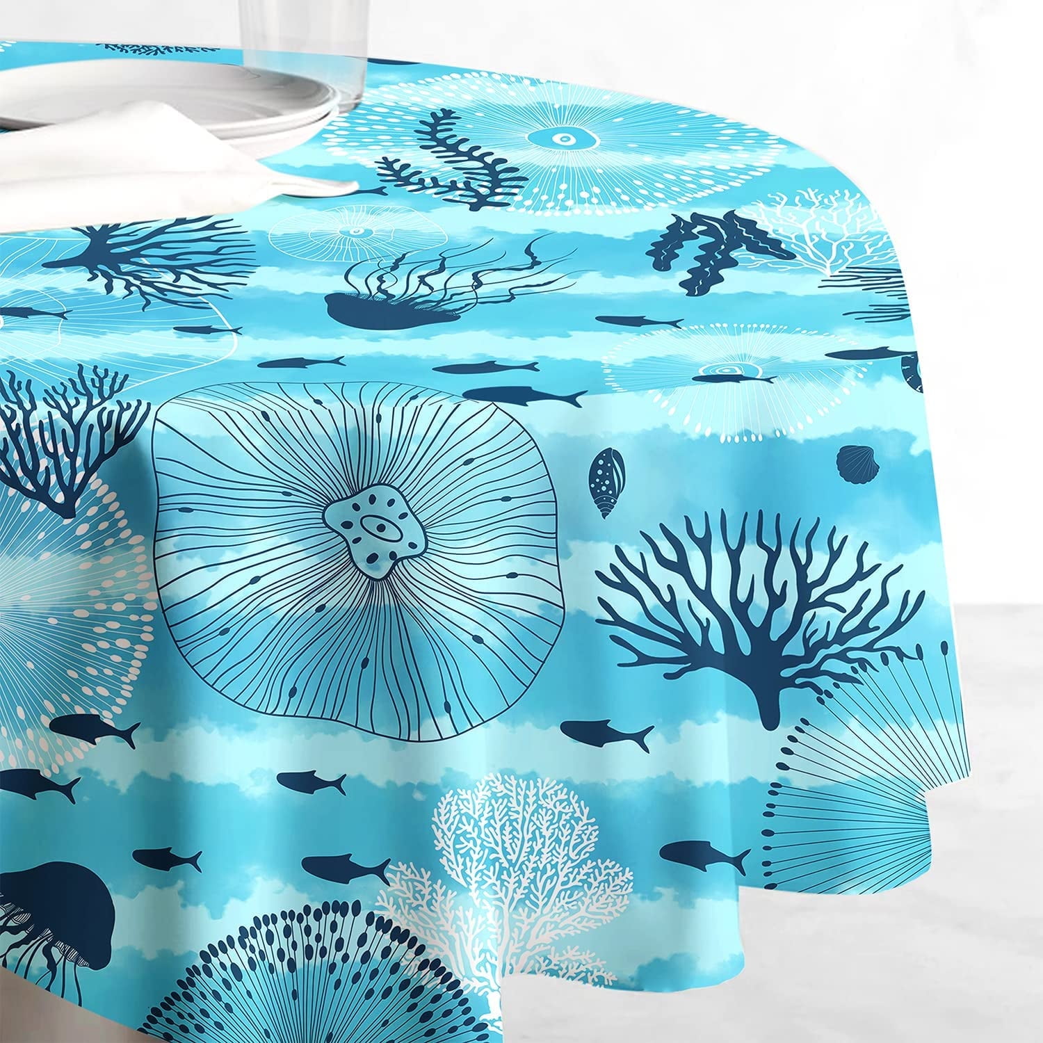 Blue Ocean Beach Tablecloth, Coastal Nautical Table Cover Round 60" for ...