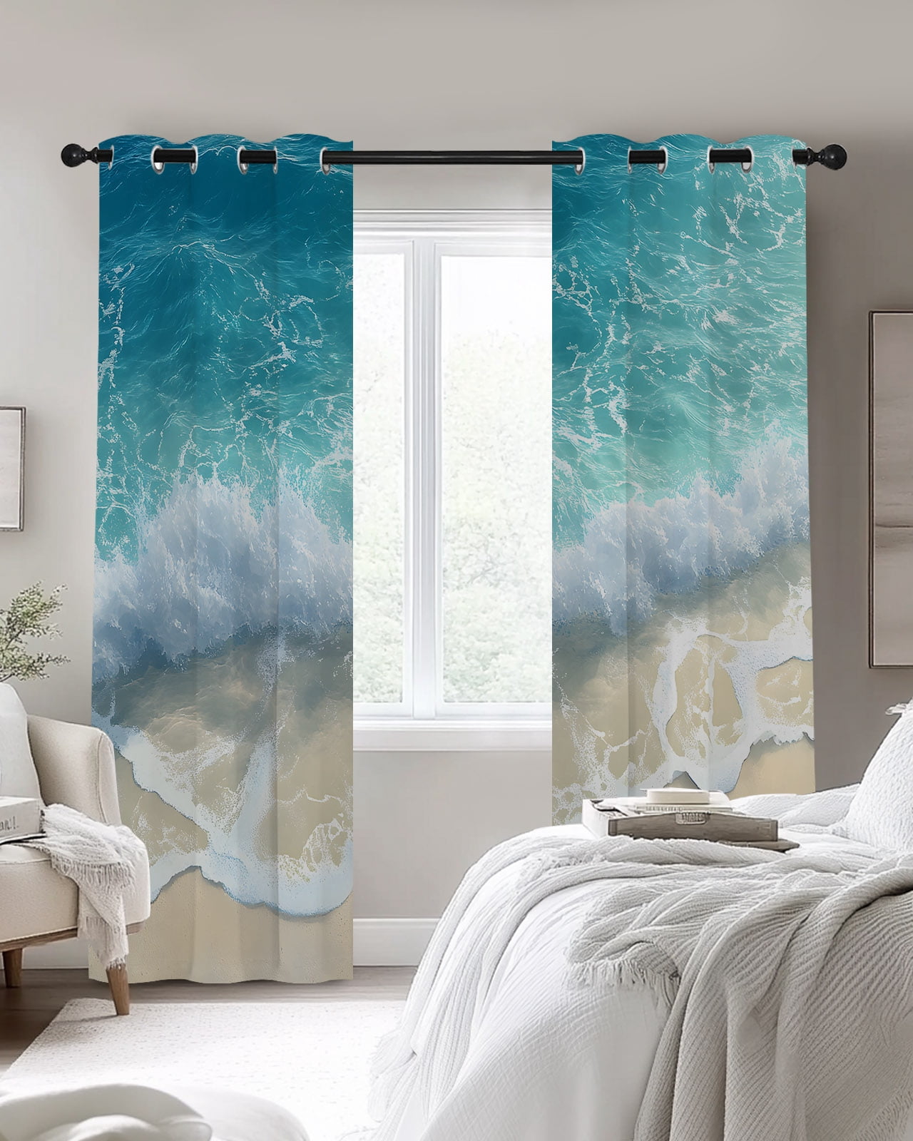 Blue Ocean Beach Waves Blackout Curtains 2 Panels, Modern Art ...