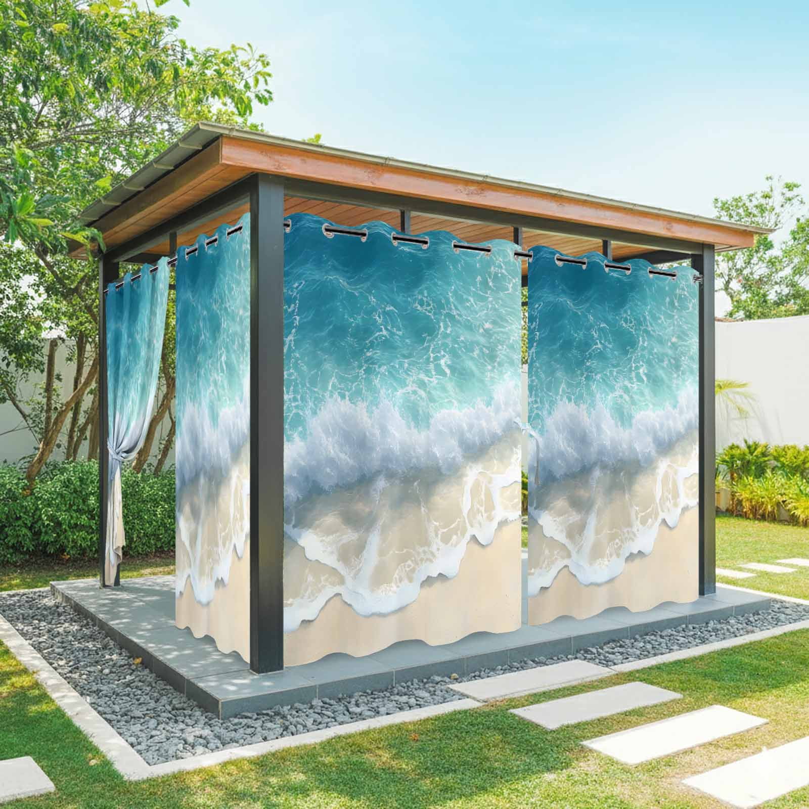Blue Ocean Beach Waves Outdoor Curtains for Patio Waterproof, Modern ...