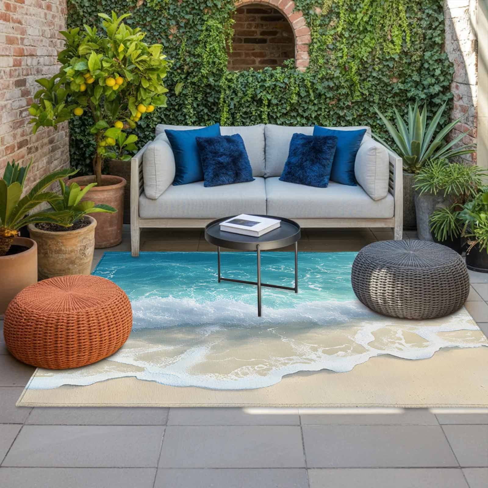 Blue Ocean Beach Waves Outdoor Patio Rugs 4 x 6 ft Modern Art ...