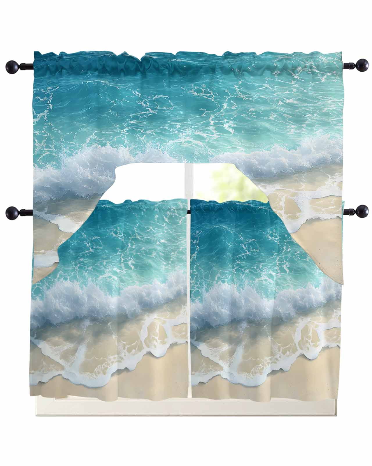 Blue Ocean Beach Waves Swag Valance and Tier Curtains Set Modern Art ...