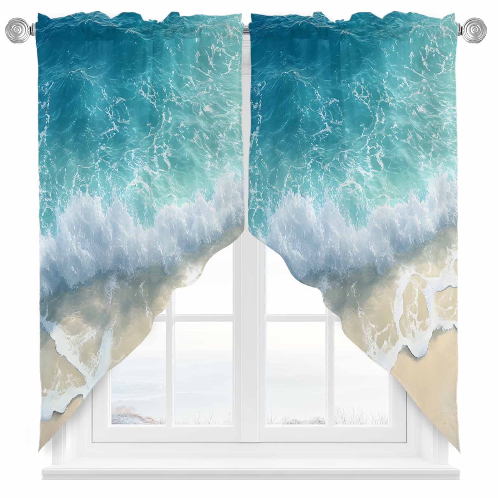Blue Ocean Beach Waves Swag Valances for Windows 2 Pack Modern Art ...