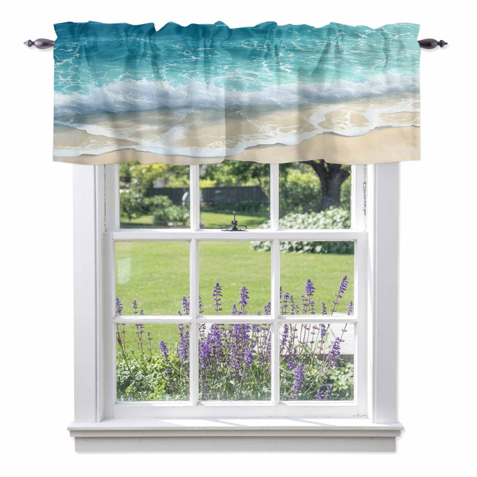 Blue Ocean Beach Waves Valance Curtains for Windows, Modern Art ...