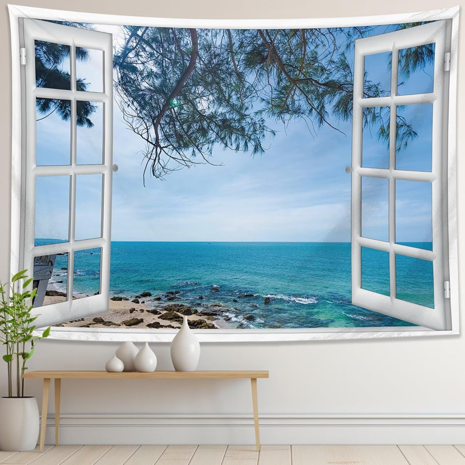 Blue Ocean Beach Window Tapestry Wall Hanging Tree Cool Coastal ...