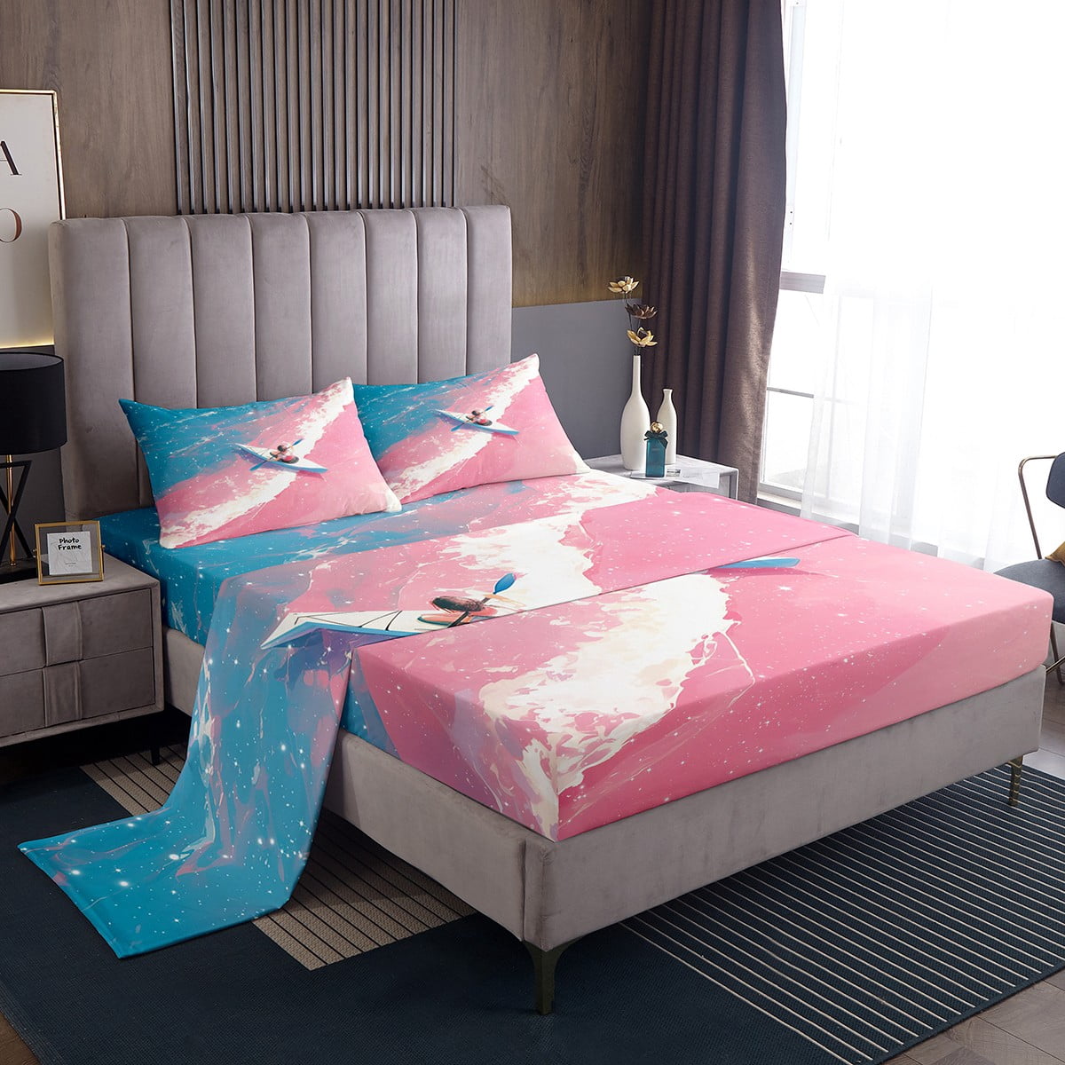 Blue Ocean Bed Sheets Set Pink Beach Sheets,Boat Sheet Set Twin,Chic ...