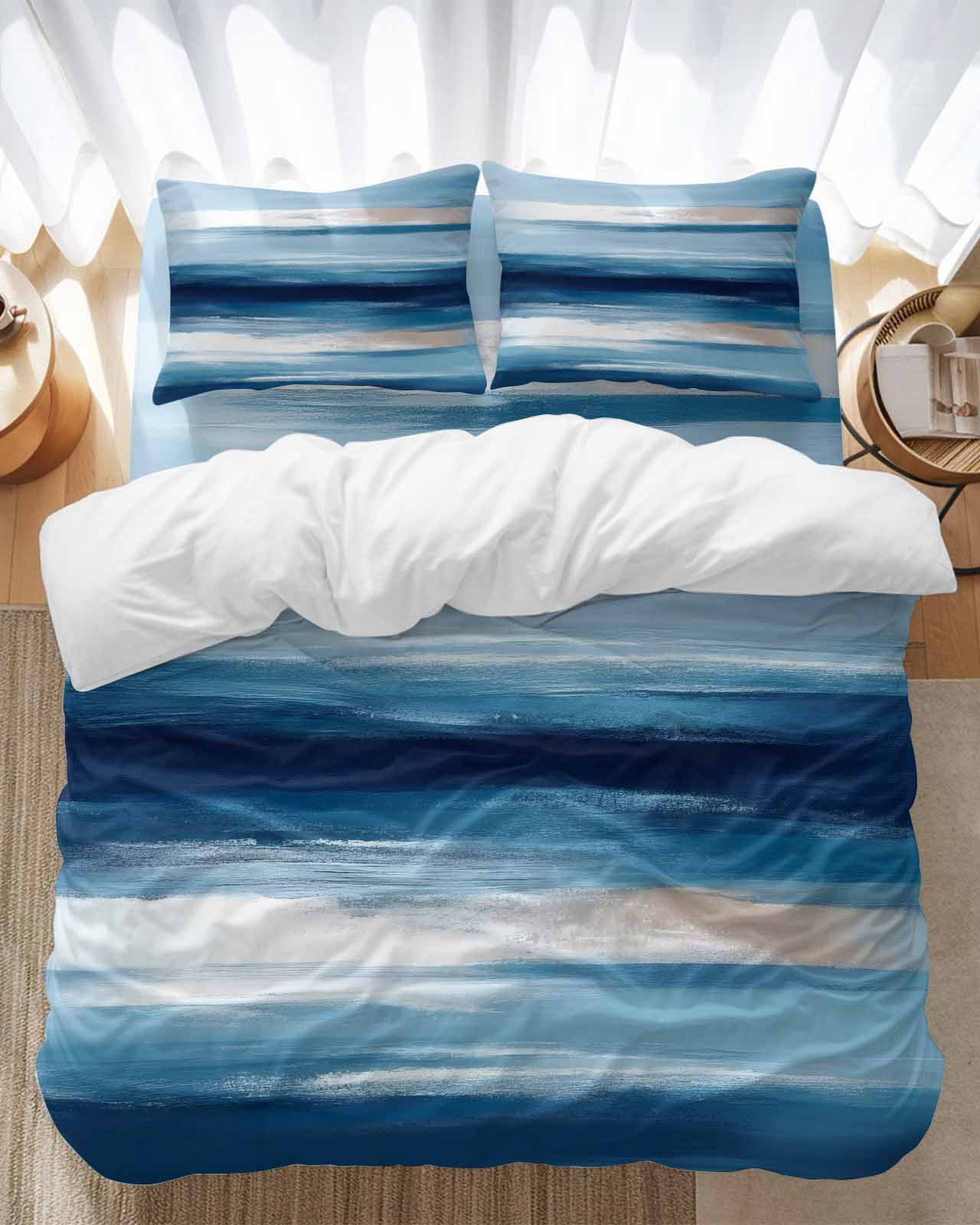 Blue Ocean Bedding Duvet Cover Set Twin Size 4 Pieces Retro Watercolor ...