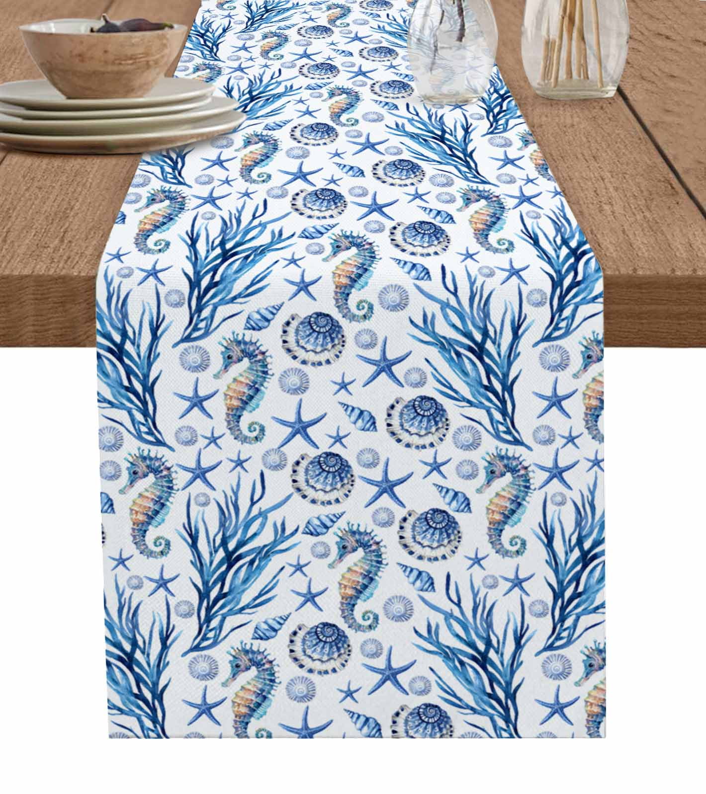 Blue Ocean Burlap Cotton Table Runner 13x90 Inches Long, Coastal ...